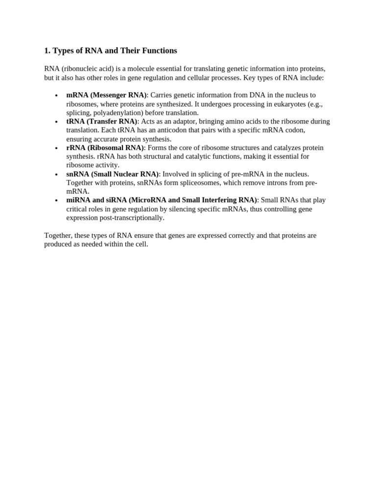 Types of RNA and Their Functions | PDF