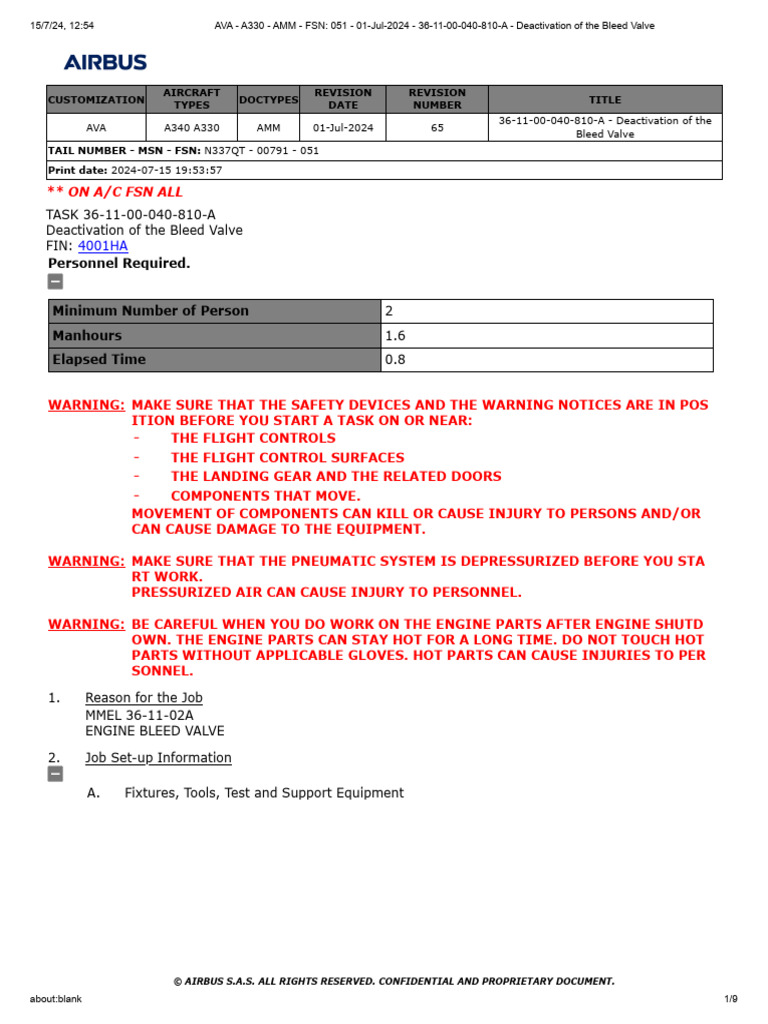 AVA - A330 - AMM - FSN - 051 - 01-Jul-2024 - 36-11-00-040-810-A - Deactivation of The Bleed ...