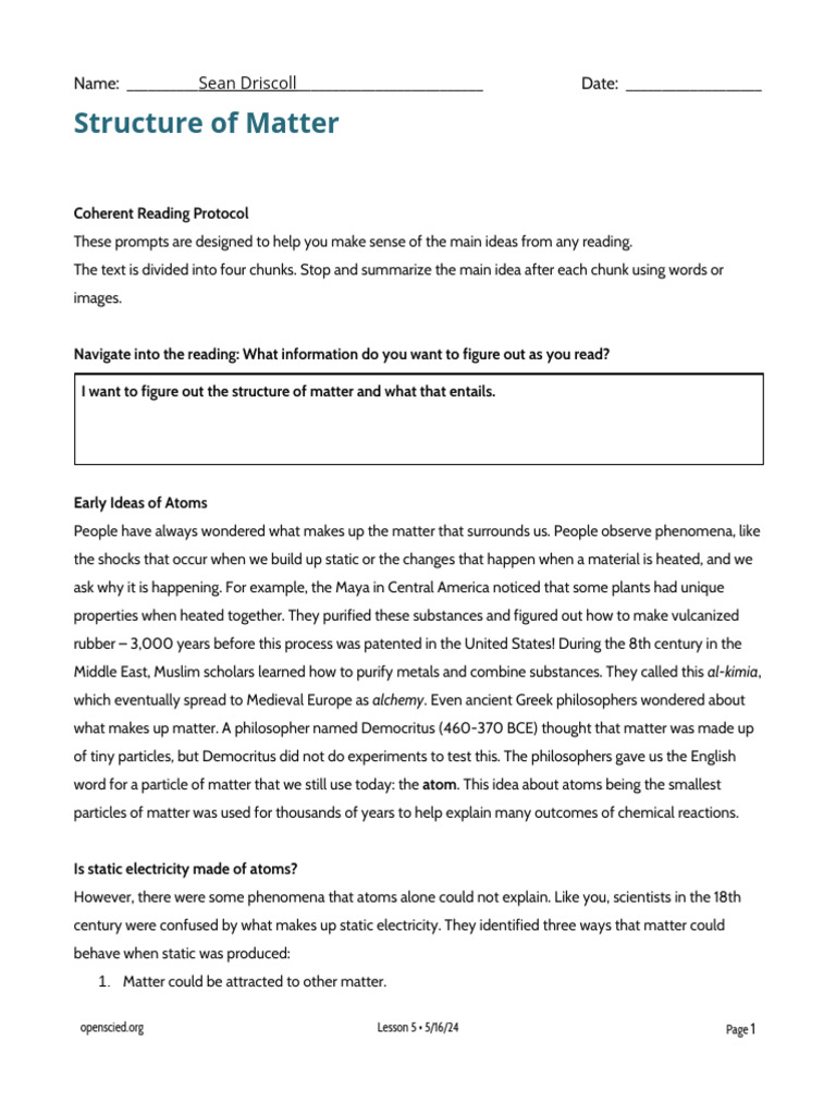 C.2 Lesson 5 Handout Structure of Matter | PDF | Atoms | Proton