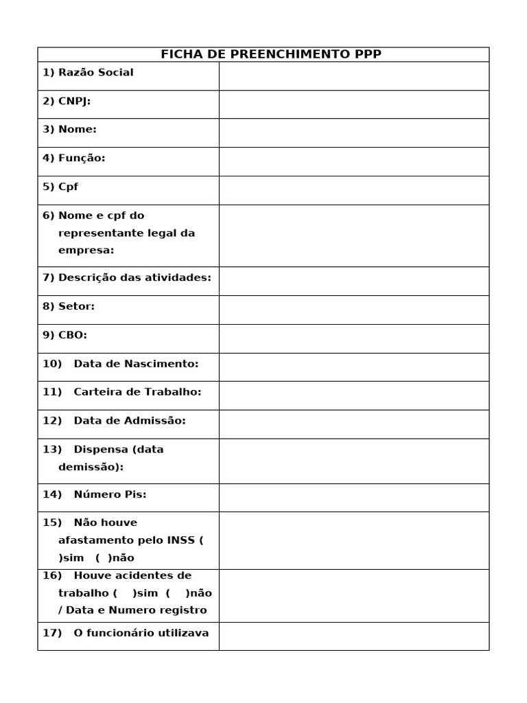 Ficha de Preenchimento do PPP | PDF