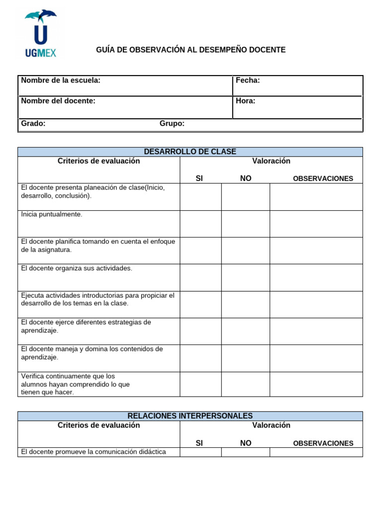 Guía de Observación Al Desempeño Docente. | PDF | Evaluación | Maestros