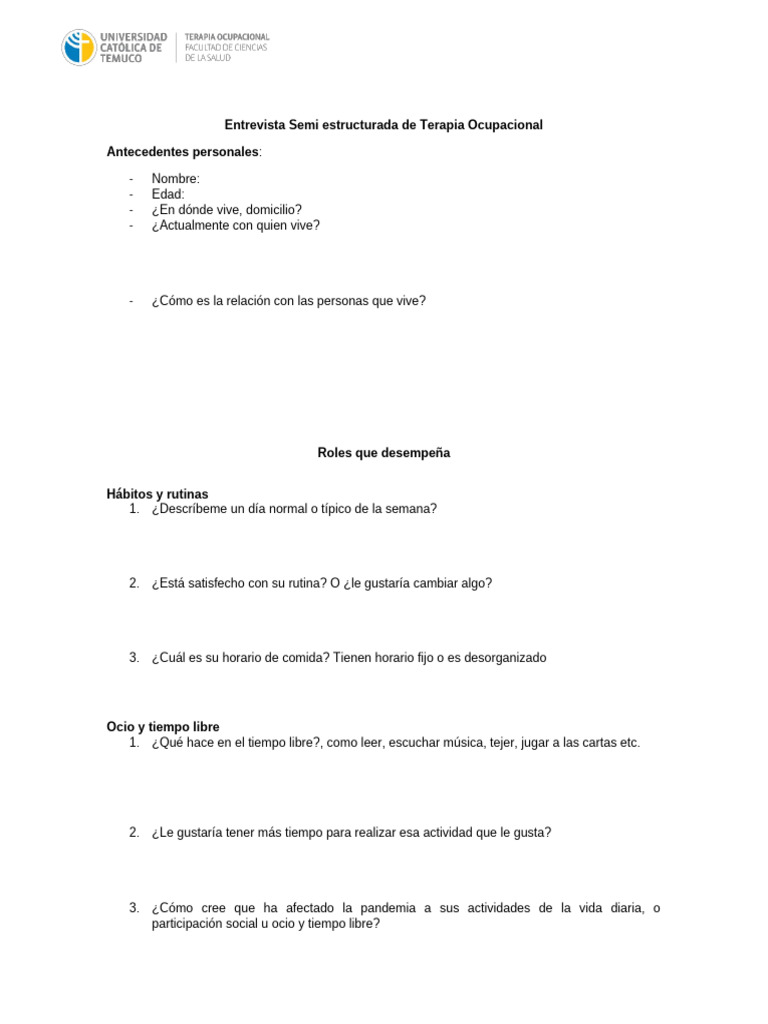 Entrevista Semi Estructurada de Terapia Ocupacional U | PDF | Estilo de vida