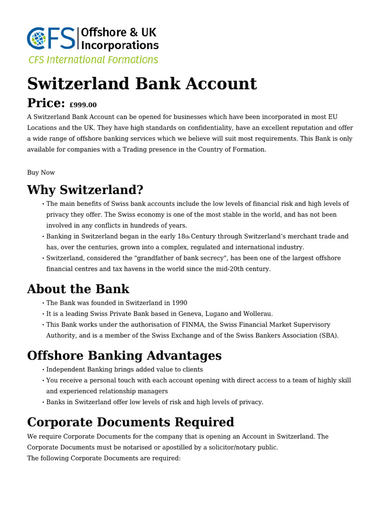 Switzerland Bank Account-Bank-Info-Sheet | PDF | Banks | Switzerland