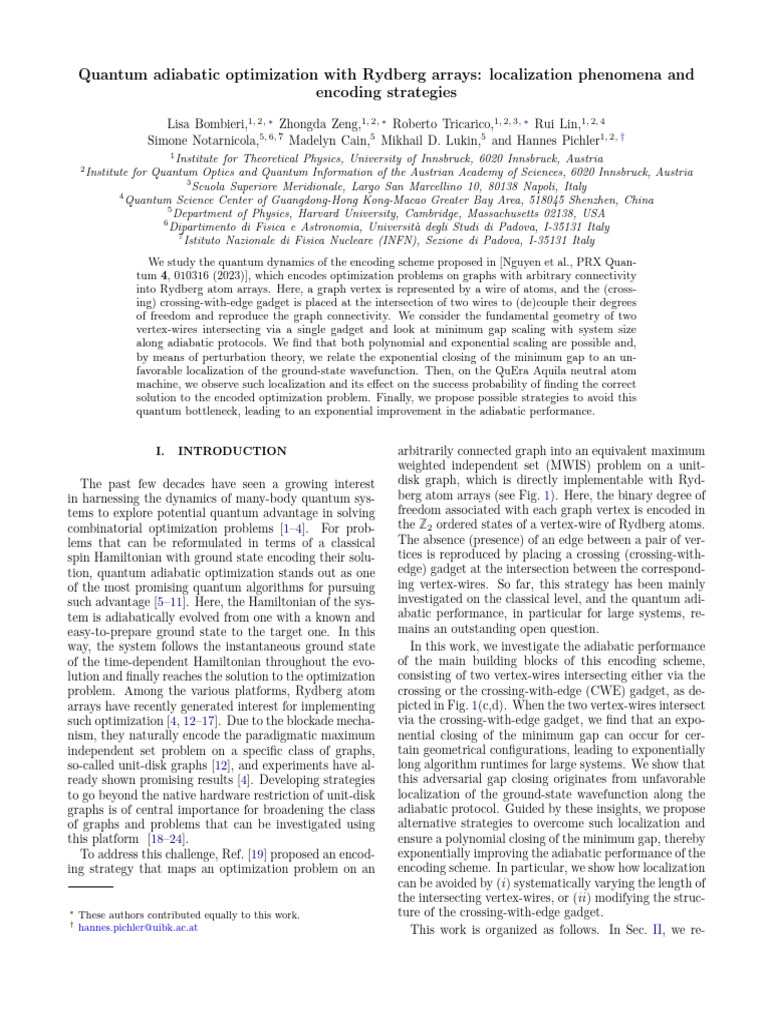 Quantum Adiabatic Optimization With Rydberg Arrays: Localization ...