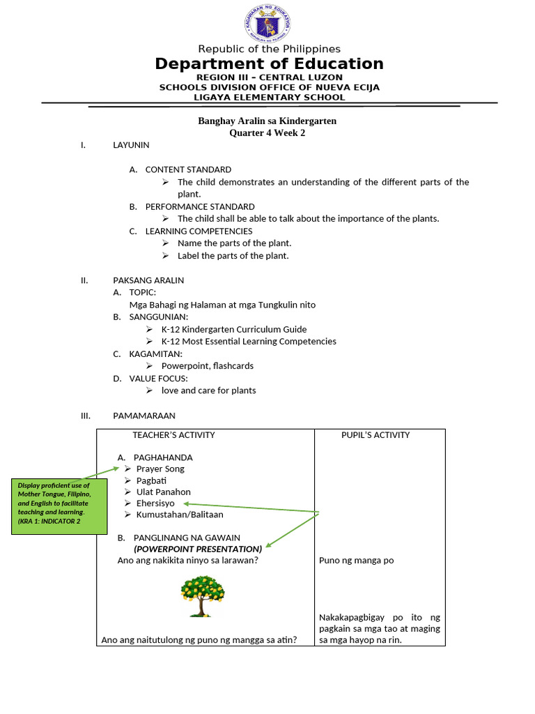 KINDERGARTEN LESSON PLAN Plants Jezzel | PDF