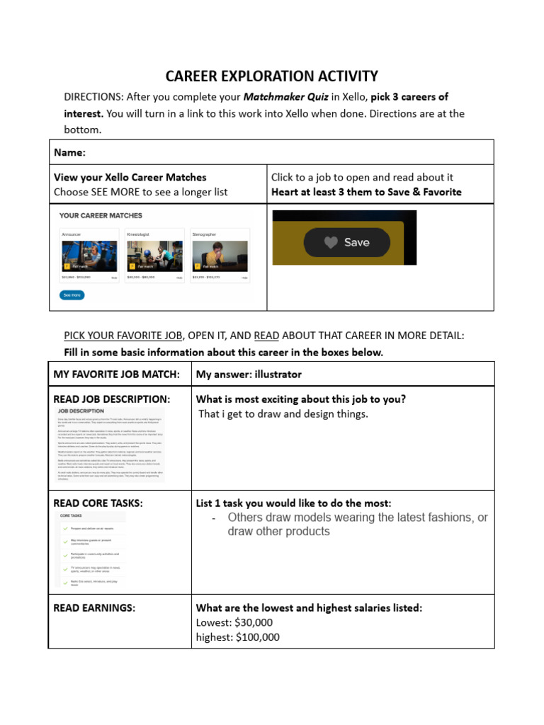 Xello Career Matchmaker Activity | PDF | Career & Growth