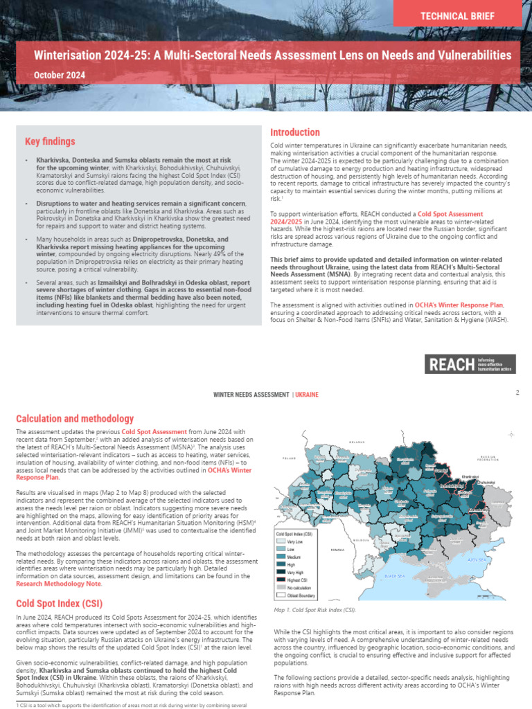 Ukraine's Winterisation 2024-25 A Multi-REACH Sectoral Needs Assessment Lens On Needs and ...