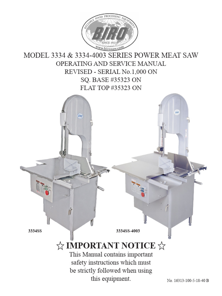 Biro Model 3334 Meat Saw Manual | PDF | Bearing (Mechanical) | Door