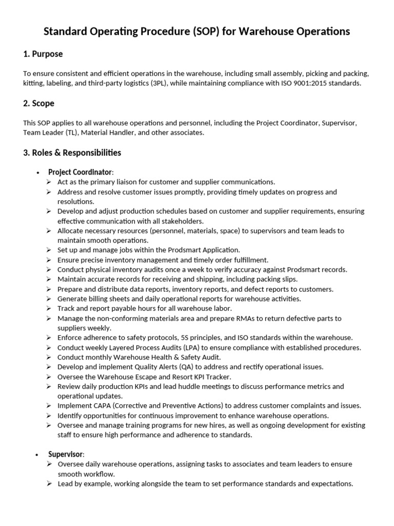 Warehouse Standard Operating Procedure (SOP) | PDF | Warehouse | Audit