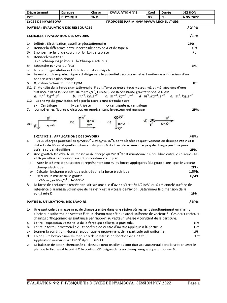 Évaluation Physique Tle D - Nov 2022 | PDF | Champ (physique) | Champ ...