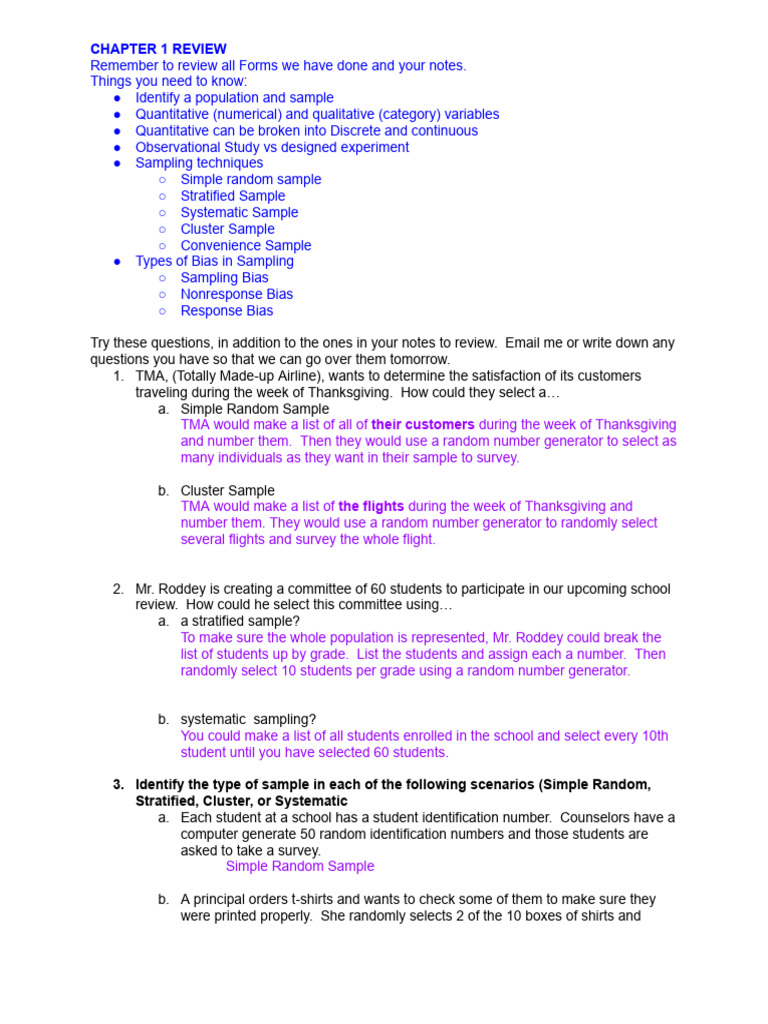Answers Chapter 1 Review | PDF | Sampling (Statistics) | Experiment