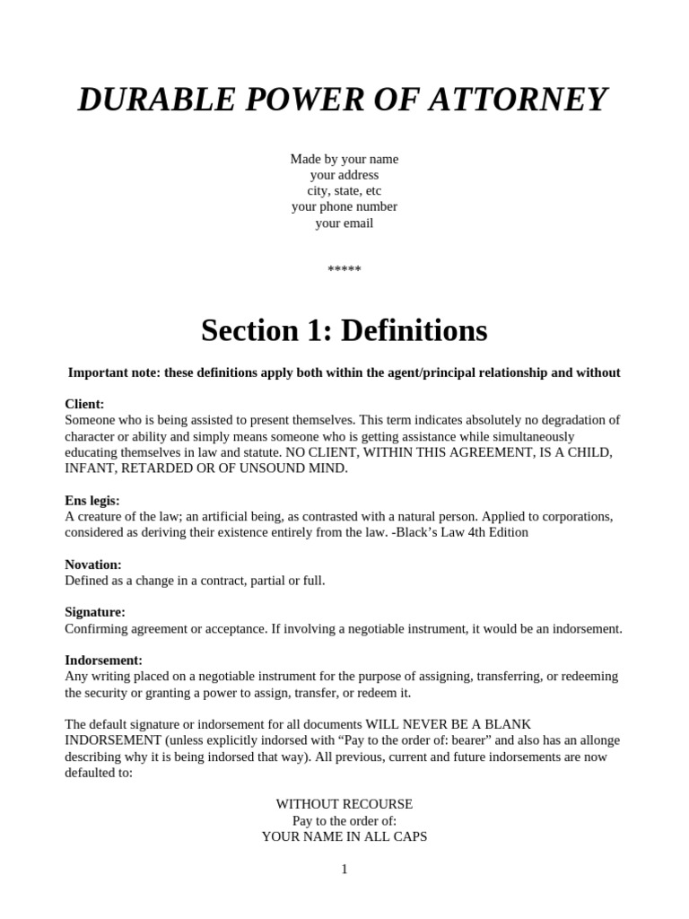 Durable Power of Attorney Template For Ens Legis | PDF | Power Of ...