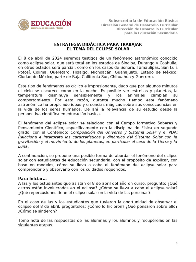 Estrategia Didáctica Eclipse Secundaria | PDF | Eclipse solar | Eclipse