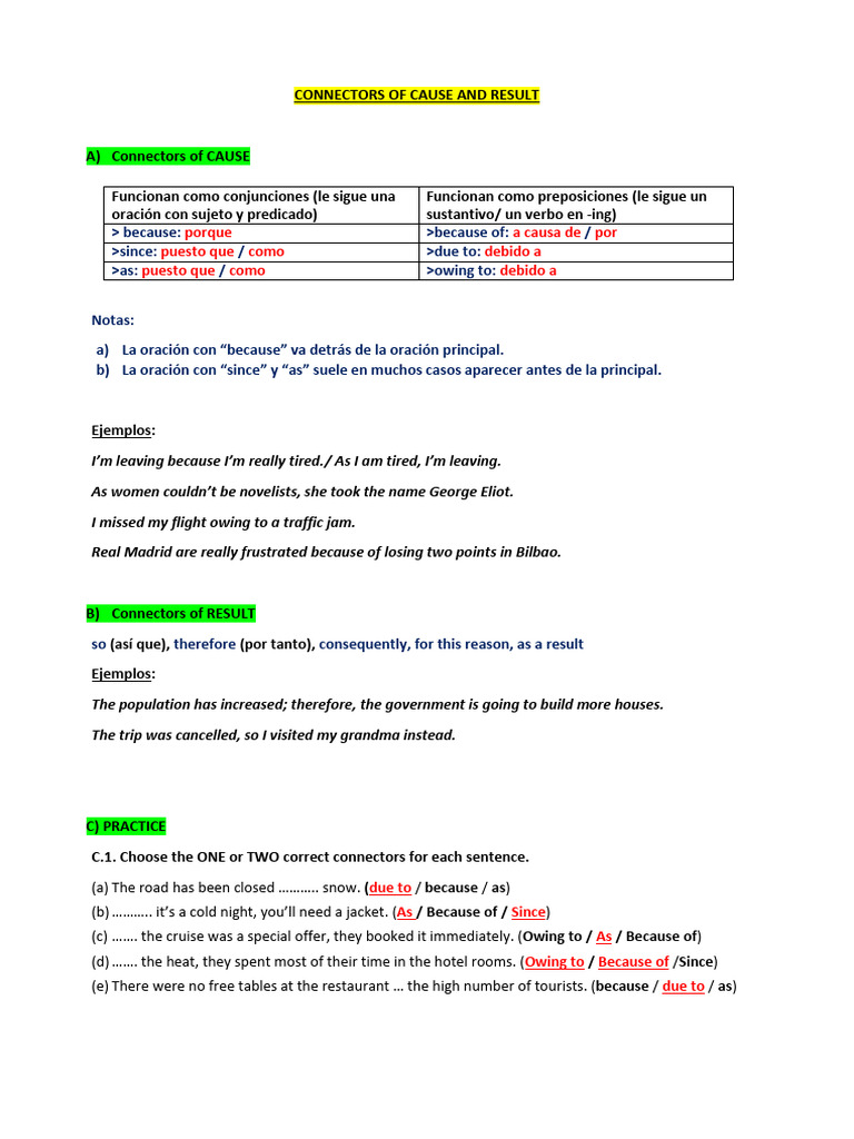 Cause and Result Connectors Exercises | PDF