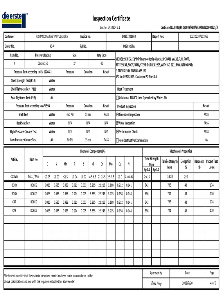 Certificado Valvulas | PDF | Applied And Interdisciplinary Physics | Mechanical Engineering