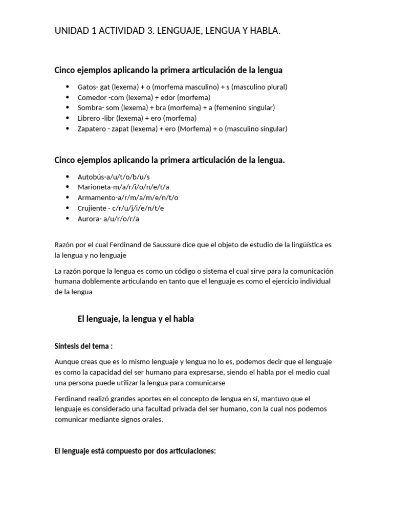Unidad 1 Actividad 3. Lenguaje, Lengua y Habla. | PDF | Artes del ...