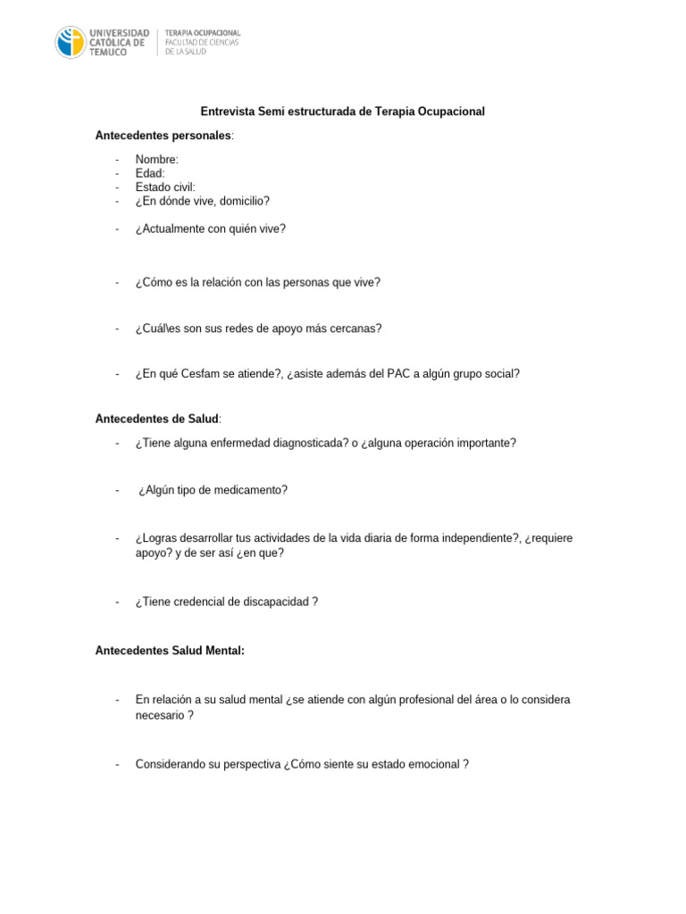 Entrevista Semi Estructurada de Terapia Ocupacional U | PDF