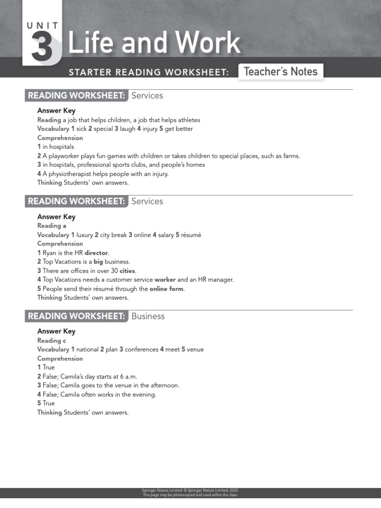 SYM Starter U03 ReadingWorksheets AnswerKey | PDF