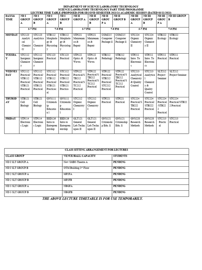 2nd Semester PT PROPOSED LECT TIMETABLE 2023-2024 | PDF | Physical Sciences | Chemistry