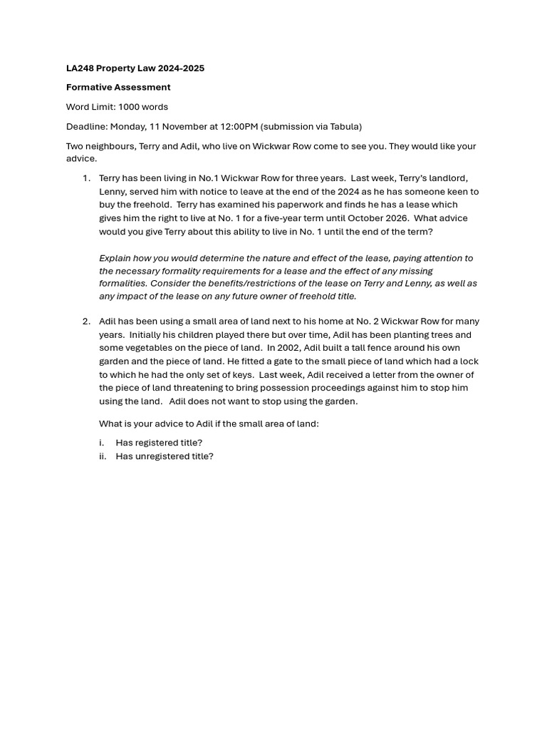 LA248 Property Law Formative Assessment (2024-2025) | PDF | Law