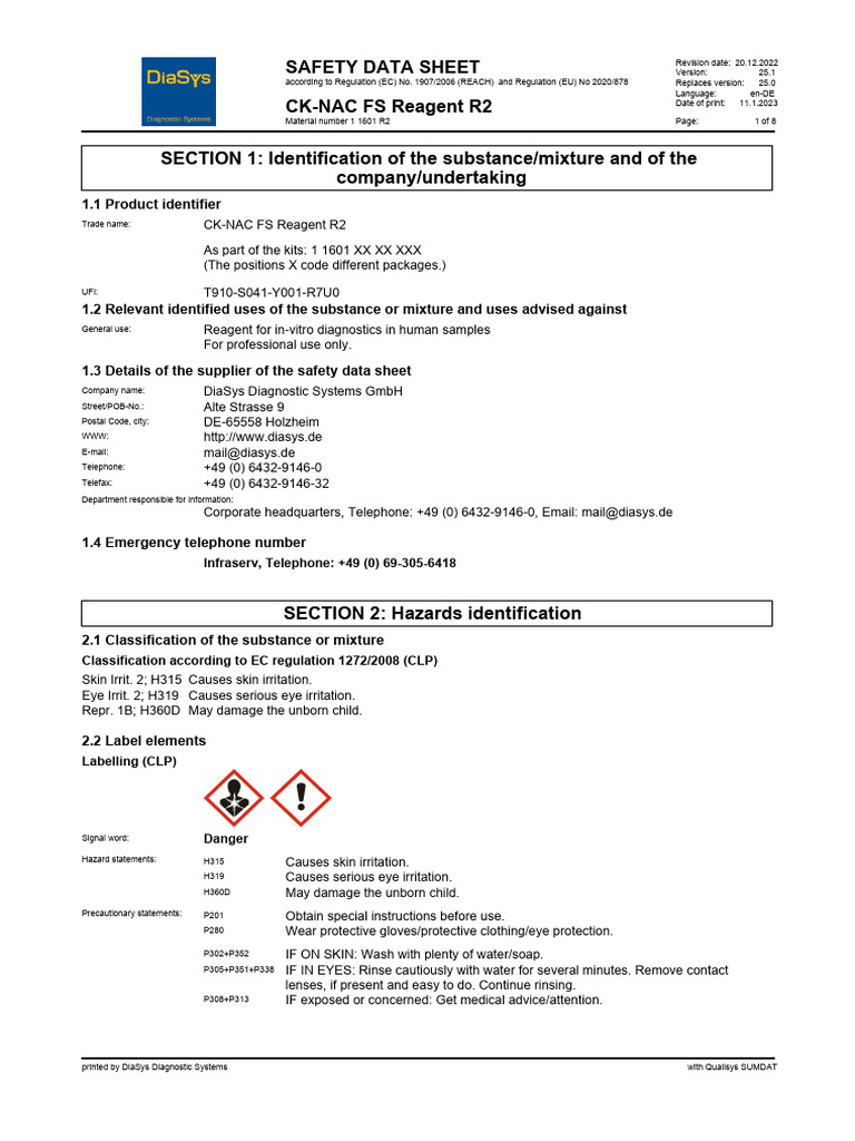 CK NAC - FS - Reagent - R2 en DE 25 1 | PDF | Dangerous Goods | Toxicity