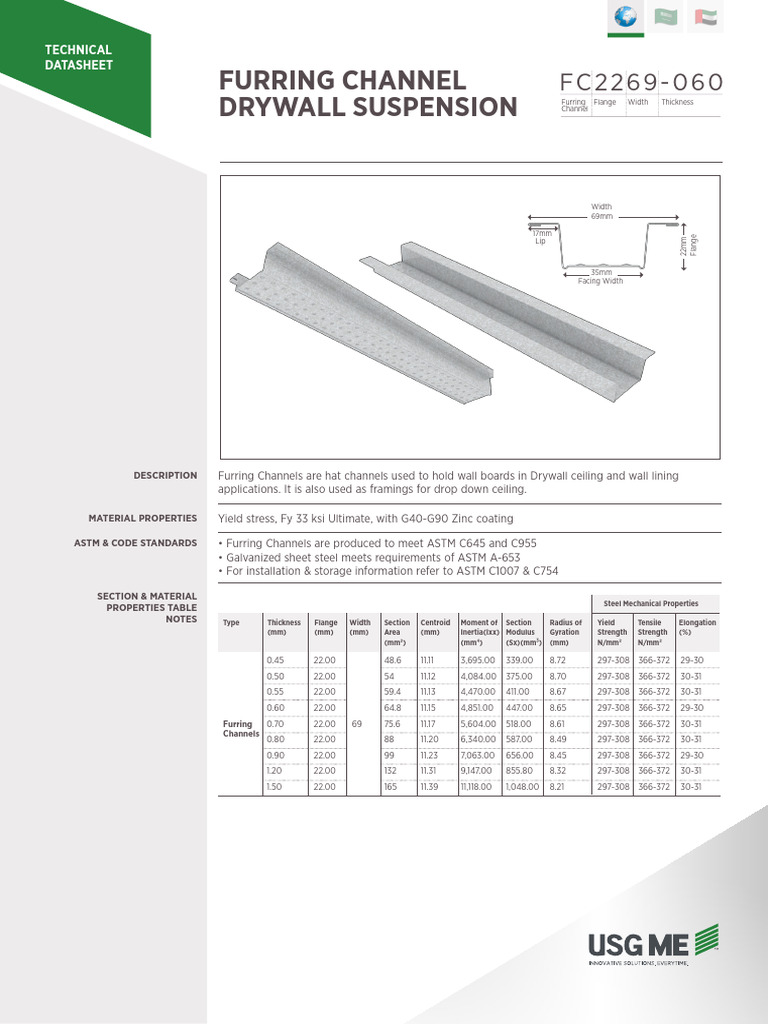 Usg Me Furring Channel Drywall Suspension Technical Datasheet | PDF ...
