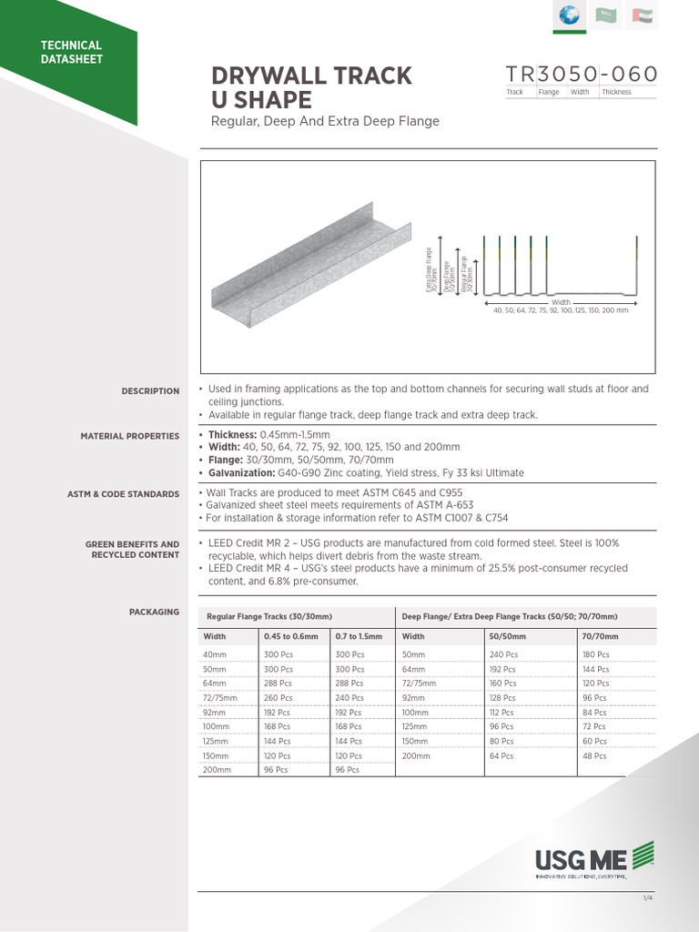 Usg Me Drywall Track - U Shape Technical Datasheet | PDF | Building Engineering | Materials