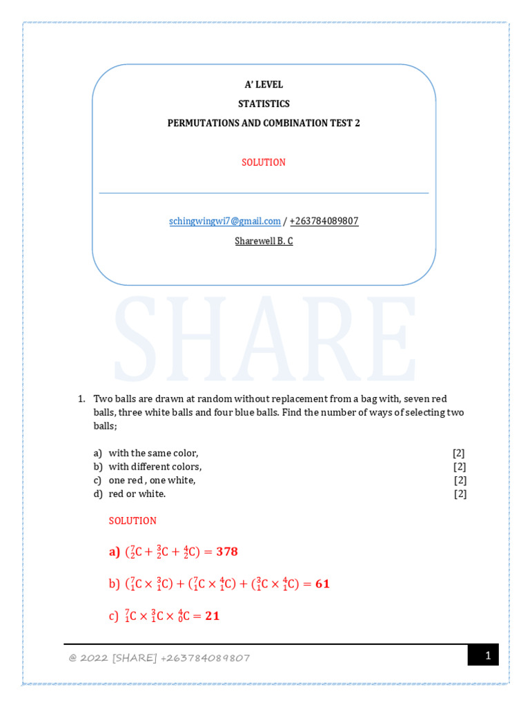 TEST 2 SOLUTION (PERMUTATIONS AND COMBINATIONS) STATISTICS Share | PDF ...