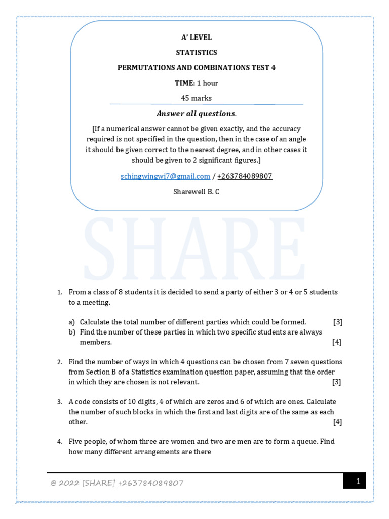 Test 4 Permutations And Combinations Statistics Share Pdf Significant Figures
