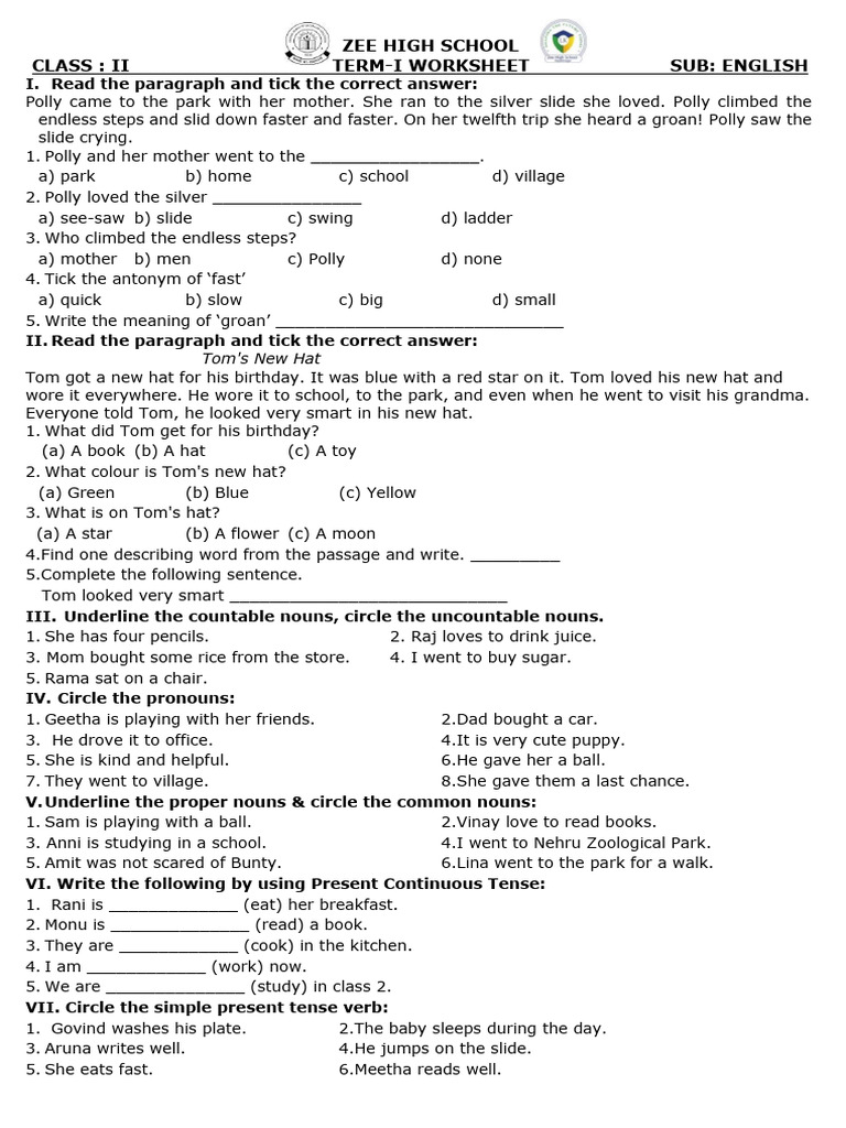 ENGLISH Worksheet Class-2 | PDF | Linguistics | Grammar