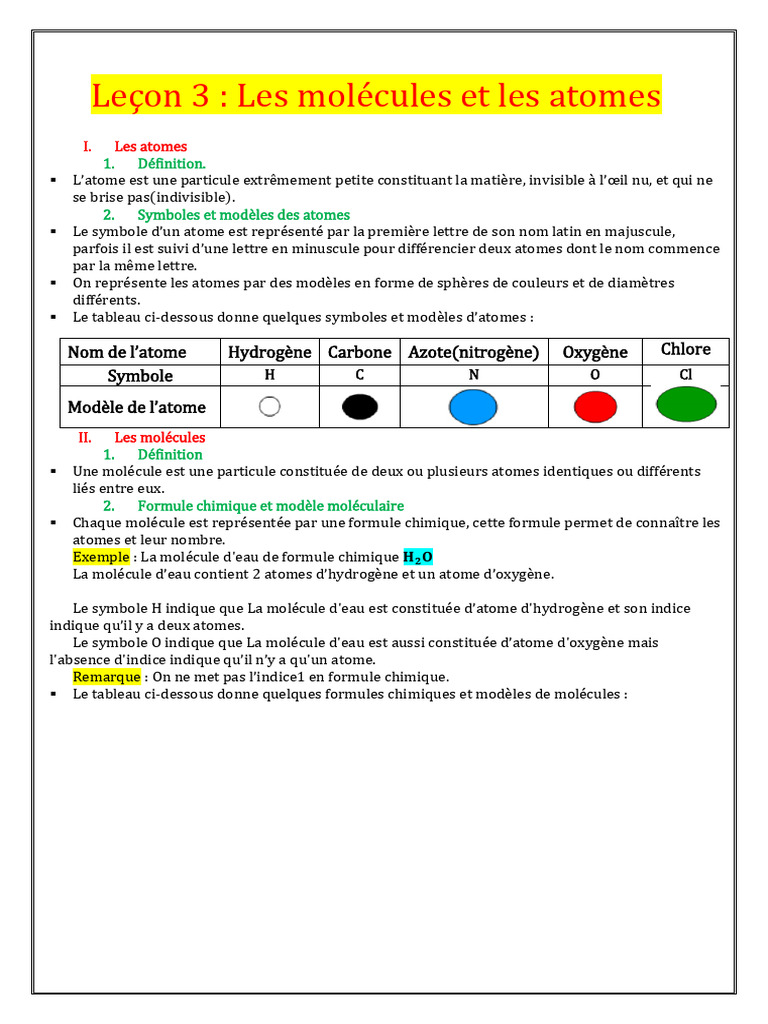 Les Molecules Et Les Atomes Resume de Cours 3 | PDF | Molécules | Atomes