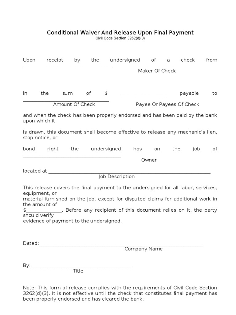 Conditional Waiver and Release Upon Final Payment | PDF
