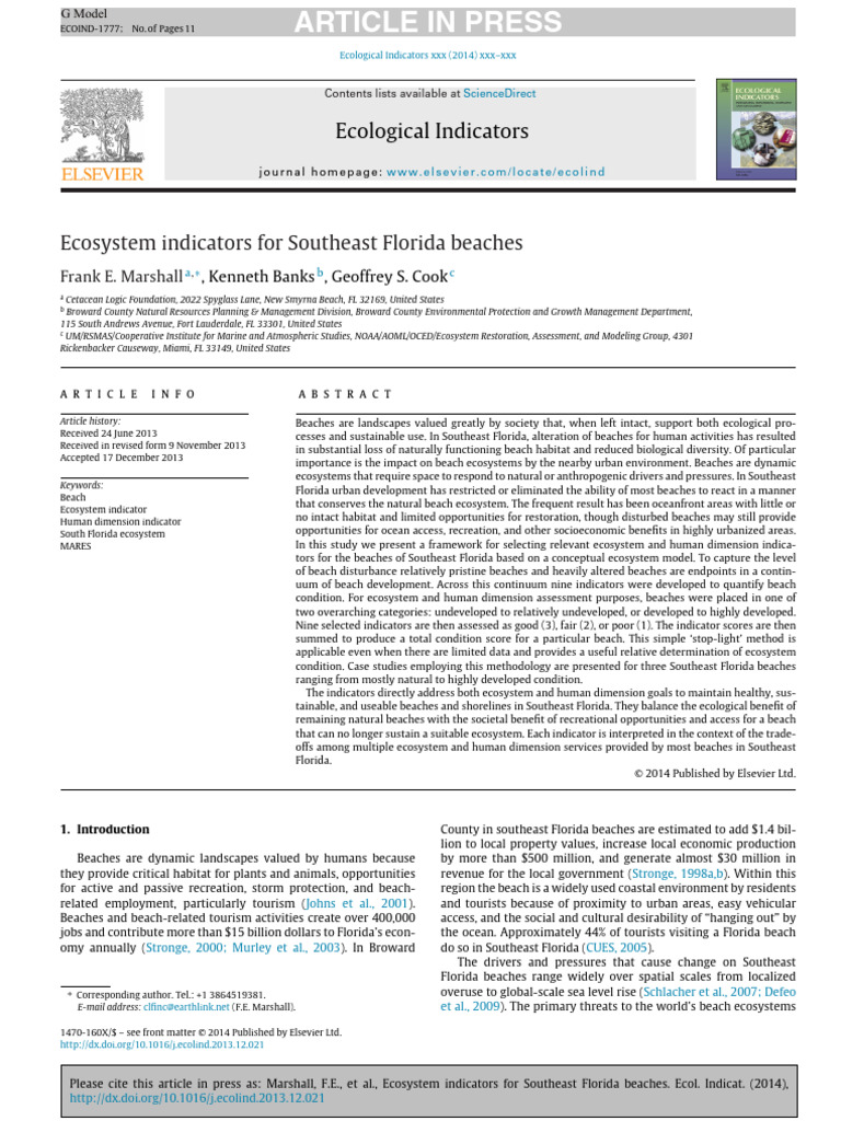 Ecosystem Indicators For Southeast Florida Beaches (OK1) | PDF | Beach ...