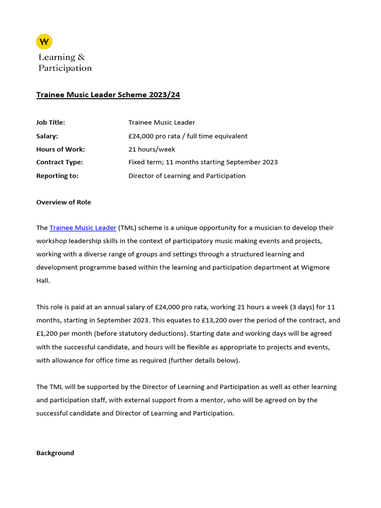 Trainee Music Leader Job Description 2324 | PDF | Learning | Social ...