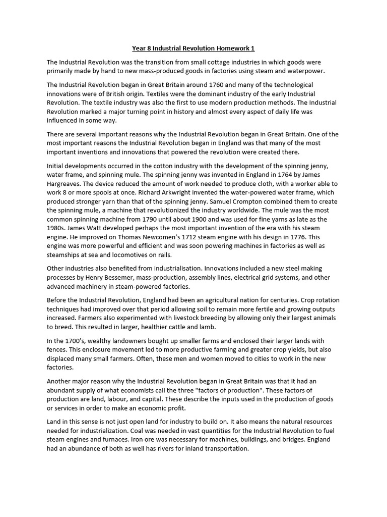 Industrial Revolution Homework | PDF | Industrial Revolution | Spinning ...