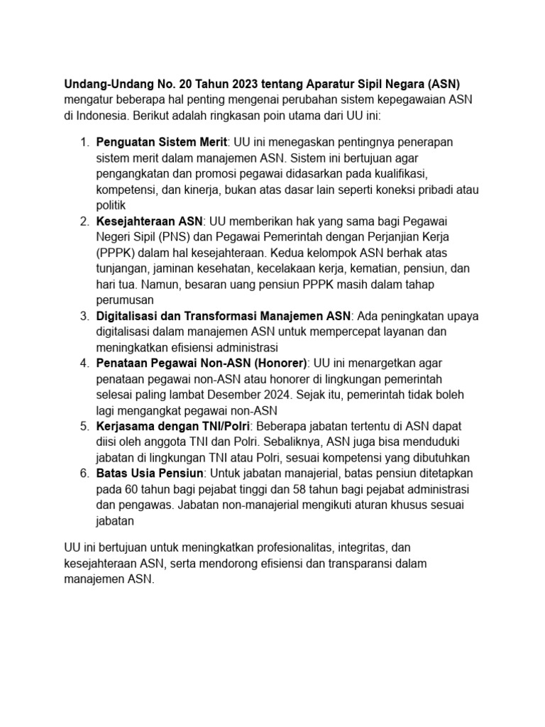 Undang-Undang No. 20 Tahun 2023 Tentang Aparatur Sipil Negara (ASN) | PDF