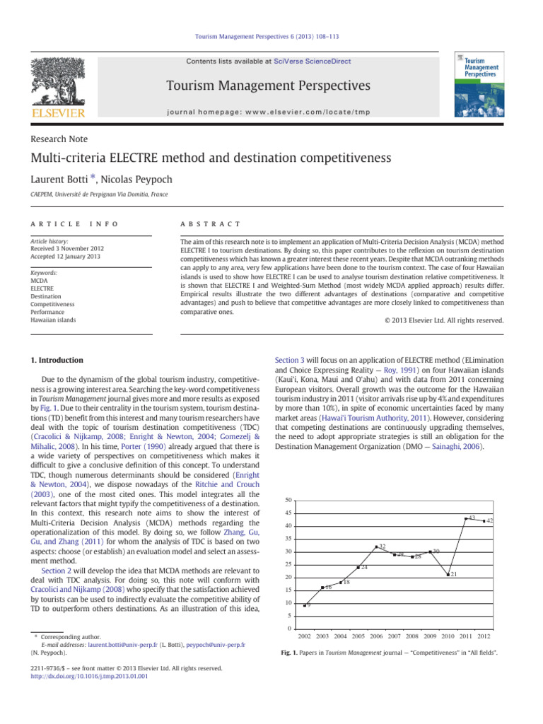 Multi-Criteria ELECTRE Method and Destination Competitiveness | PDF