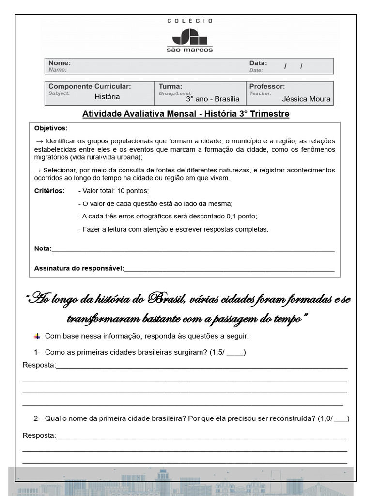 AvaliaÃ Ã o Mensal de HistÃ Ria 3Â° Trimestre | PDF | Brasil