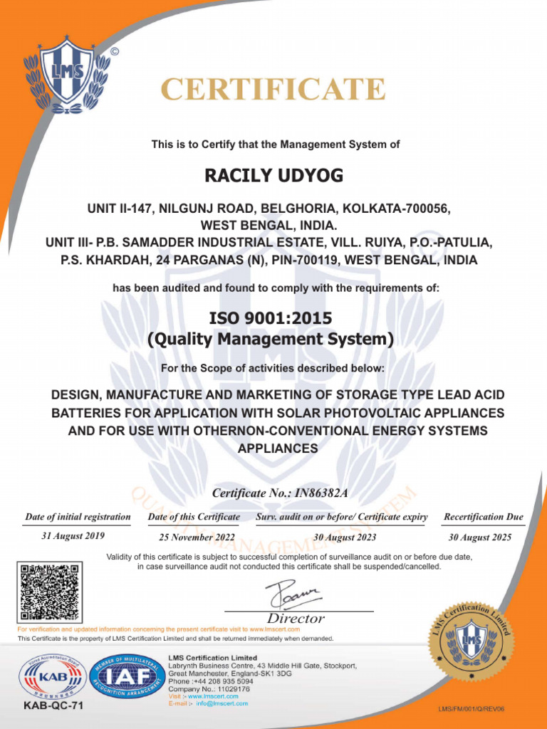 ISO 9001:2015 Certification for RACILY UDYOG | PDF | Business