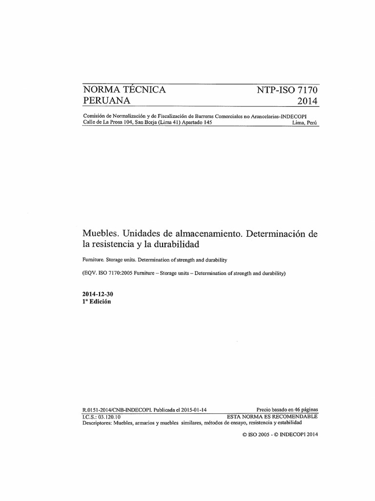NTP-IsO 7170 2014 MUEBLES. Unidades de Almacenamiento. Determinación de ...