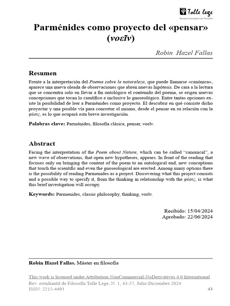 Robin Hazel - Parménides Como Proyecto Del Pensar | PDF | Pensamiento ...