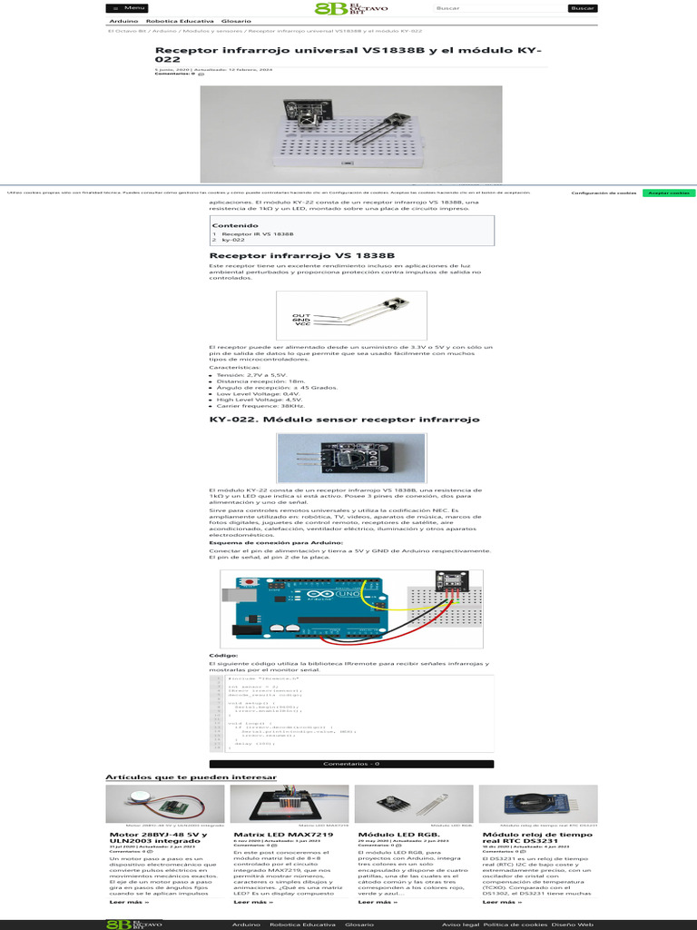 Receptor Infrarrojo Universal VS1838B - Sensor para Arduino | PDF | Diodo emisor de luz | Arduino