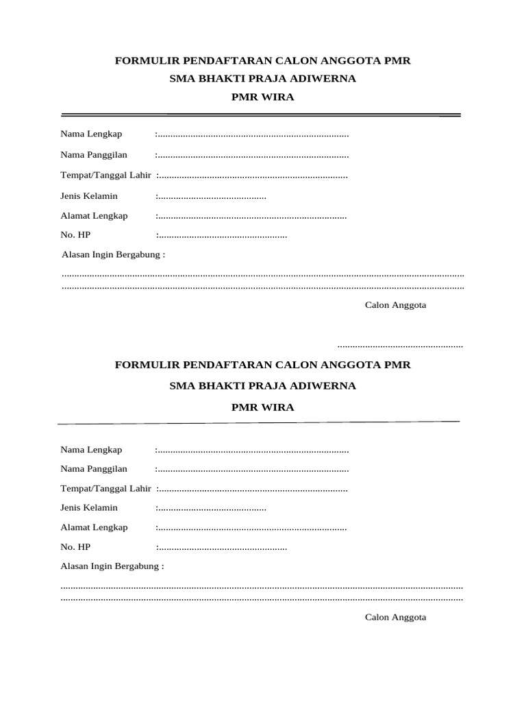 Formulir Pendaftaran PMR Wira | PDF