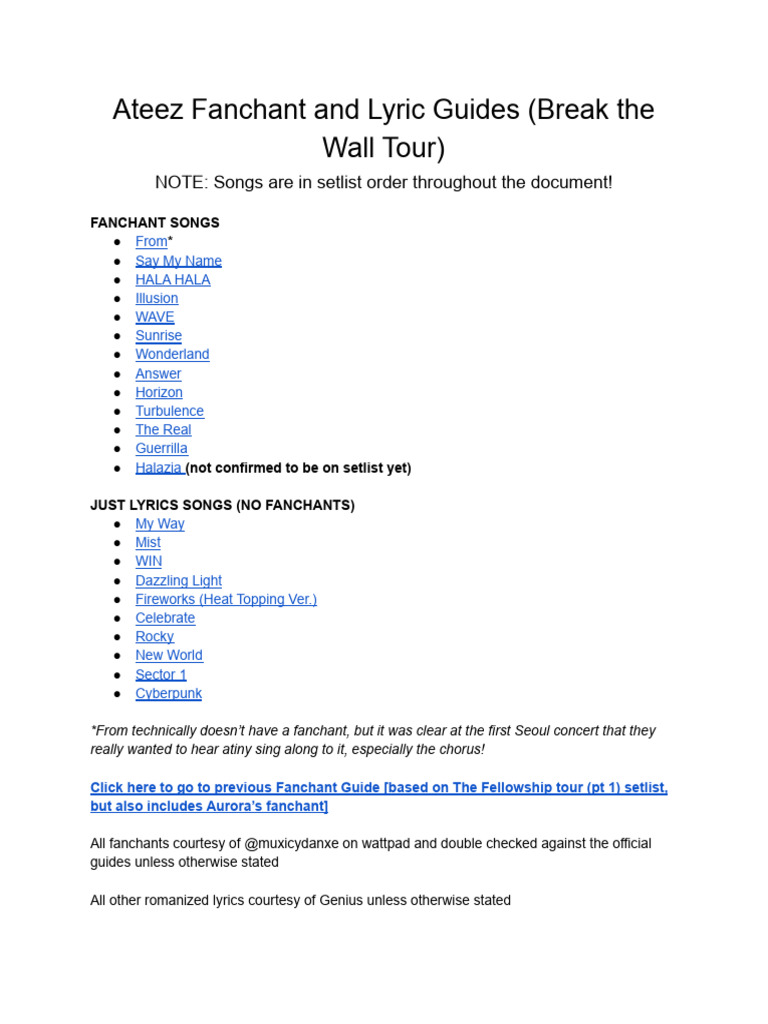 Ateez Fanchant Guide (Break The Wall Tour) | PDF