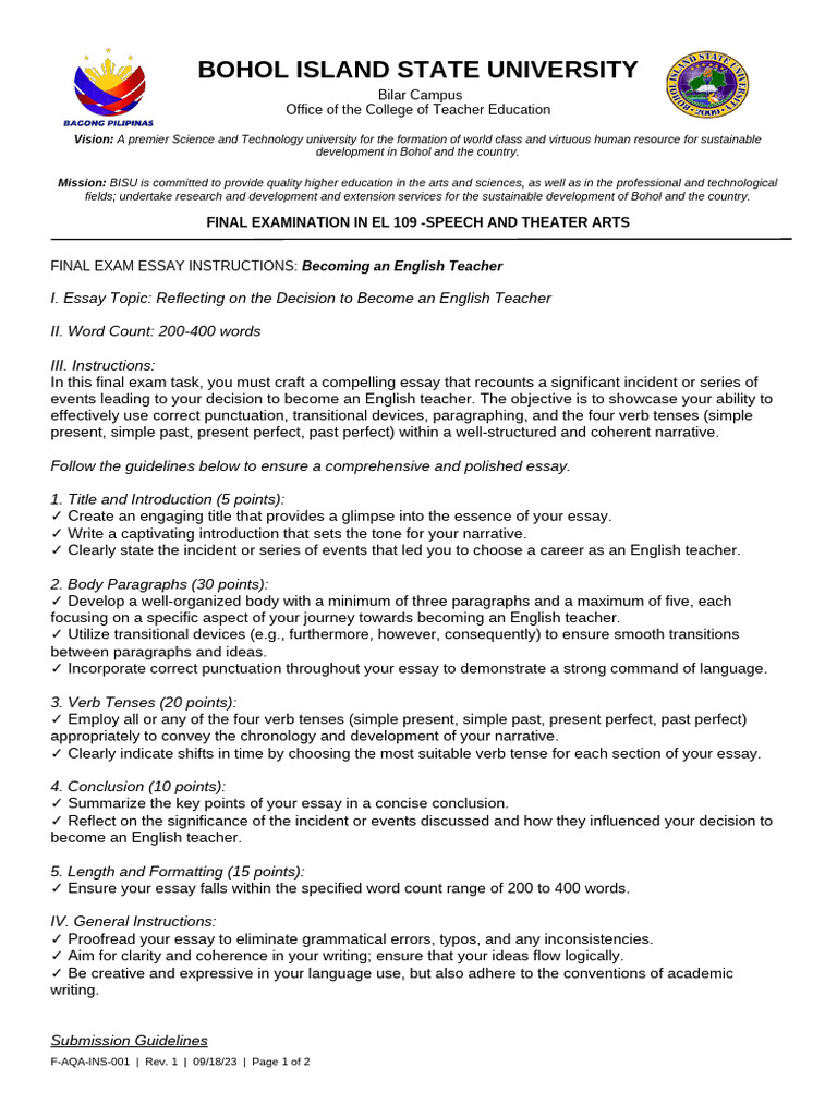Final Exam in El109 | PDF | Essays | English Language