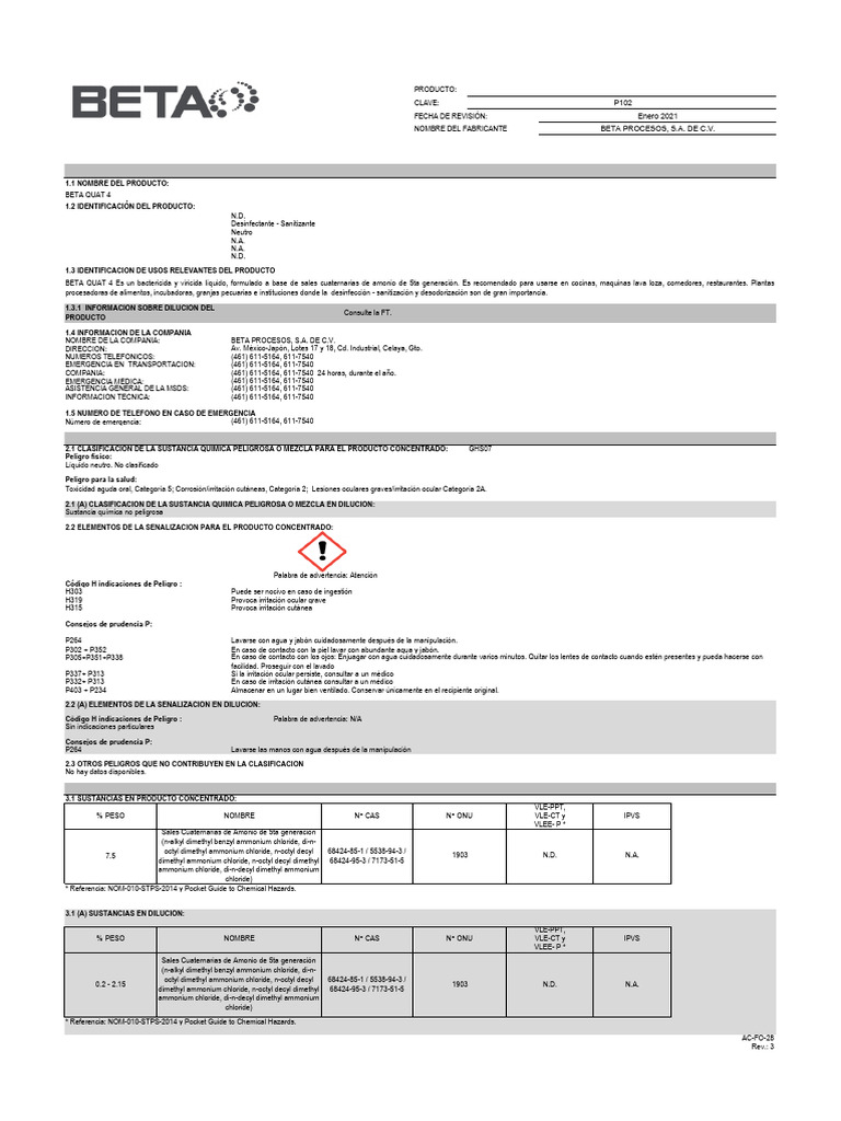 Hoja de Seguridad Beta Quat 4 | PDF | Agua | Amoníaco