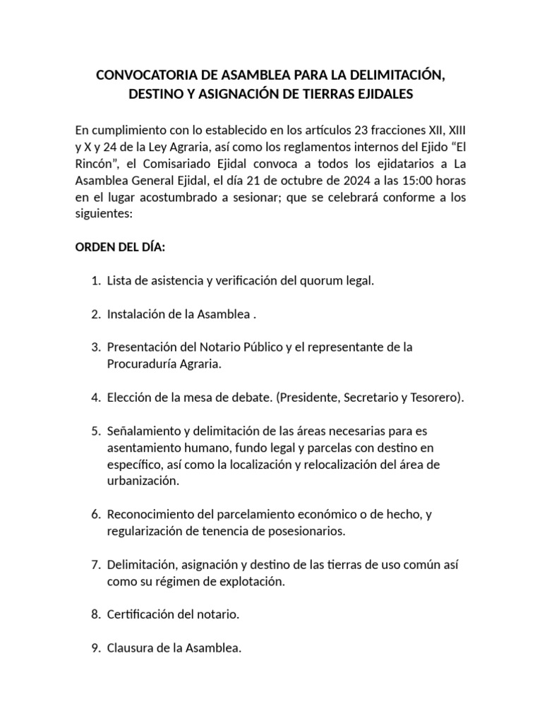 Convocatoria Asamblea Ejidal 2024 | PDF
