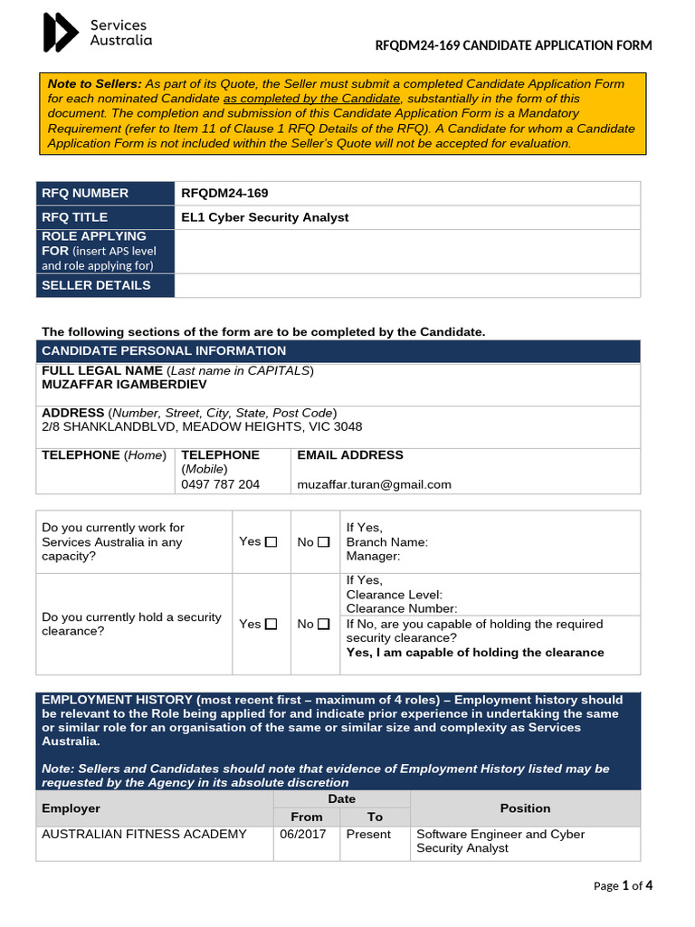 RFQDM24 169 Candidate Application Form Muzaffar Igamberdiev | PDF ...