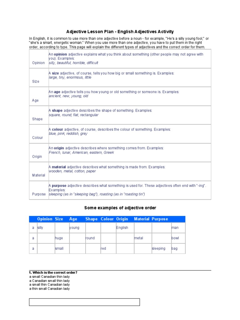 Adjective Lesson Plan - English Adjectives Activity: Opinion Size Age ...