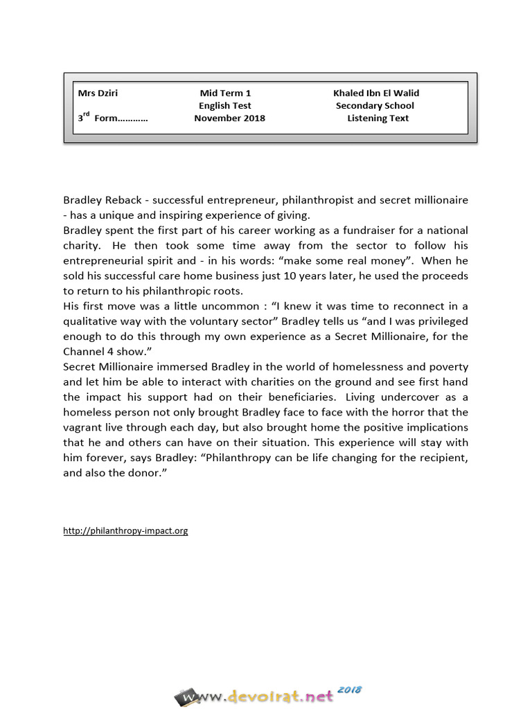 Devoir de Contrôle N°1 - Anglais - 3ème Sciences Exp (2018-2019) Mme Besma Riabi Dziri | PDF ...